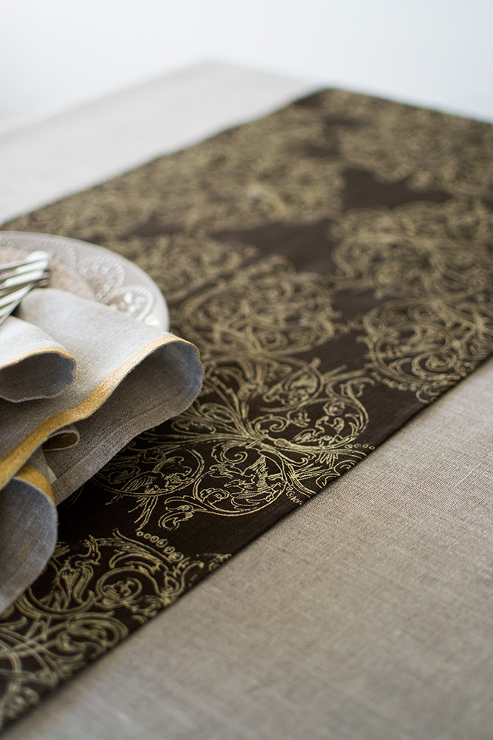 Brown Linen Table Runner Luxury Gold Dinner Runner Wedding | Etsy