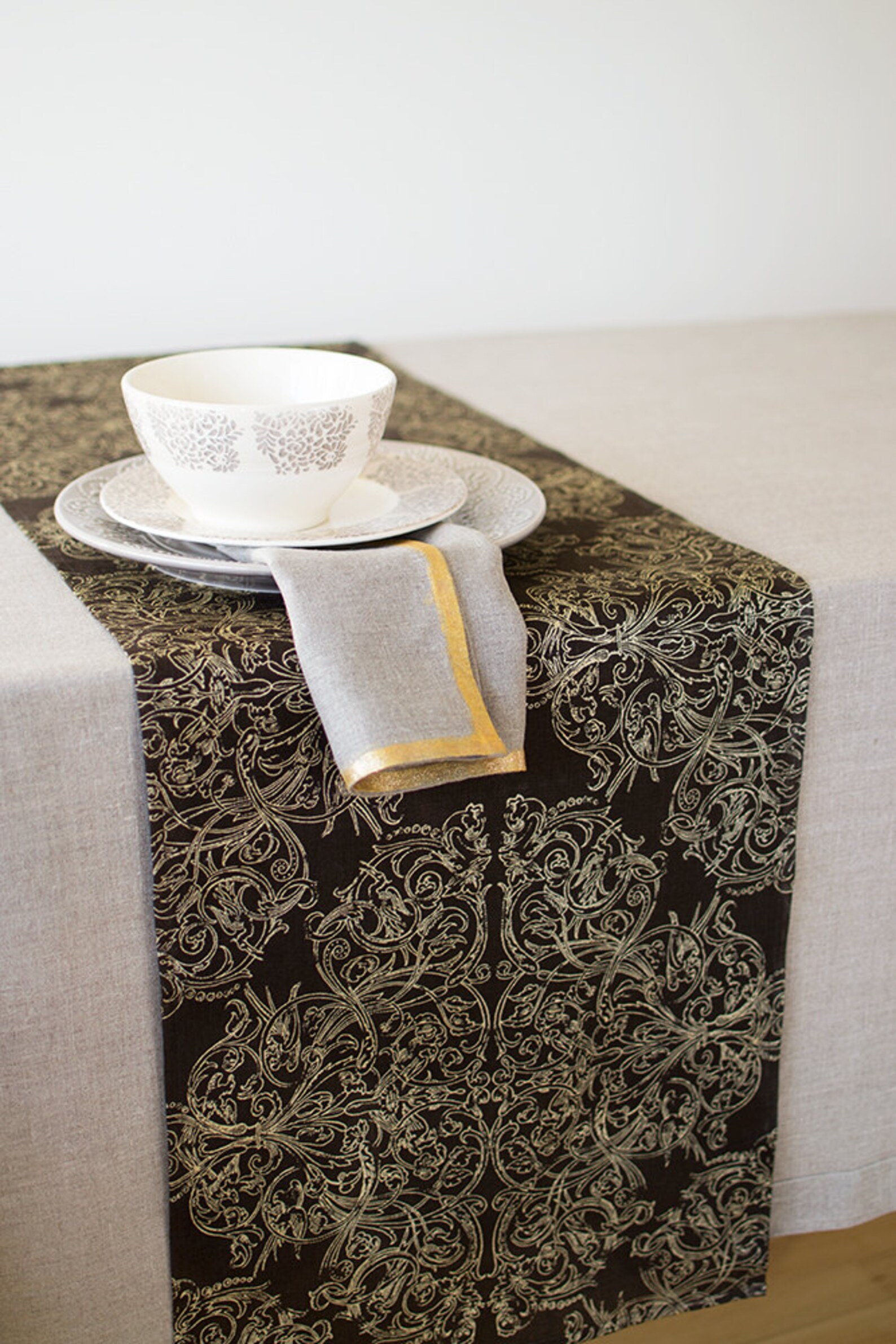 Brown Linen Table Runner Luxury Gold Dinner Runner Wedding | Etsy