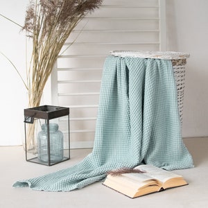 Light Blue Linen Throw Blanket Washed Bedspread Bed Cover Boho Home ...