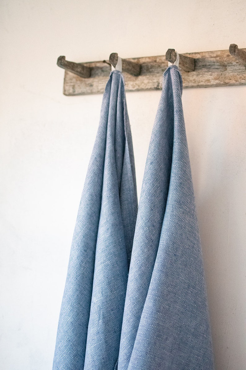 Blue Linen Towel Men Herringbone Towel Lake House Bath Sheet Stone ...