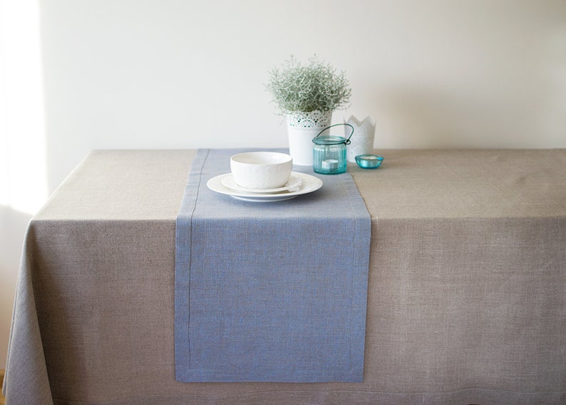 Blue Linen TABLE RUNNER Summer Dinner Long Runner Woodland | Etsy