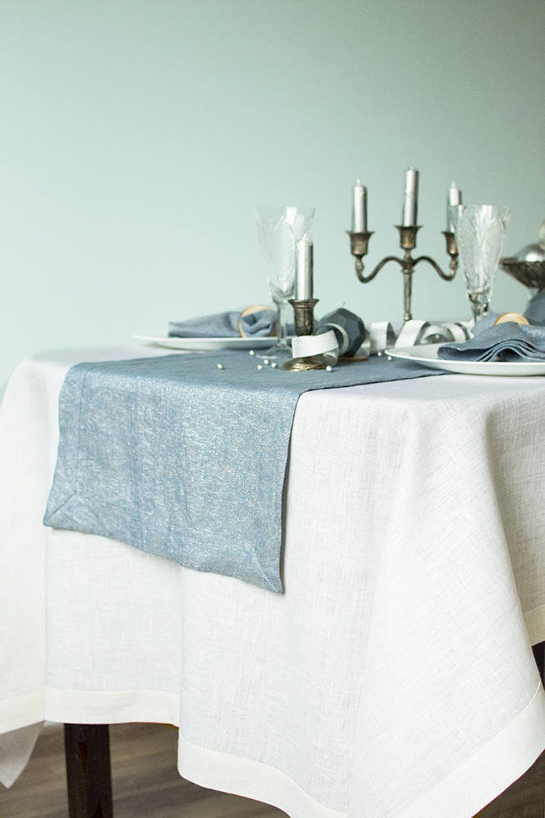 Blue Silver Linen Table RUNNER Metallic Table Decor Sparkly Christmas ...