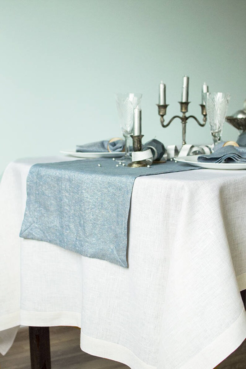 Blue silver linen table RUNNER Metallic table decor Sparkly | Etsy