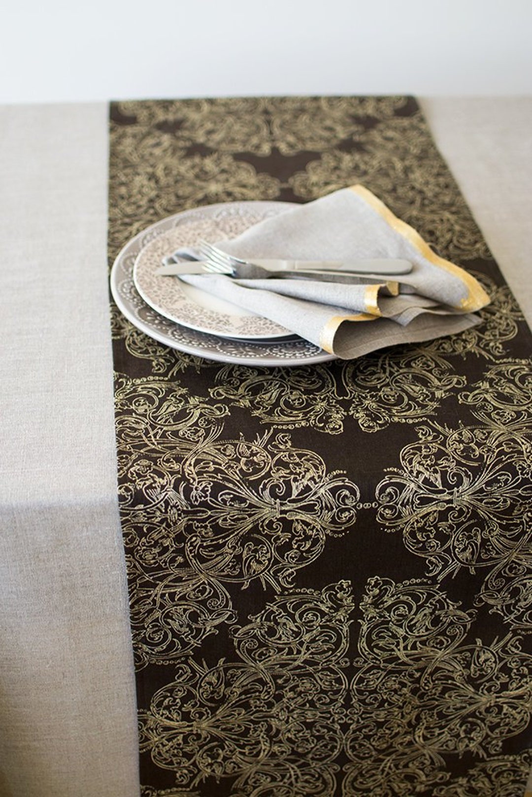 Brown Linen Table Runner Luxury Gold Dinner Runner Wedding Metallic ...