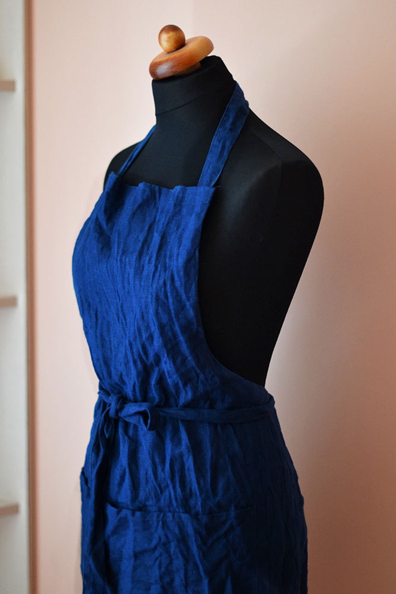 Full Linen Apron Navy Blue Apron Stone Washed Pinafore Apron Long Chef ...