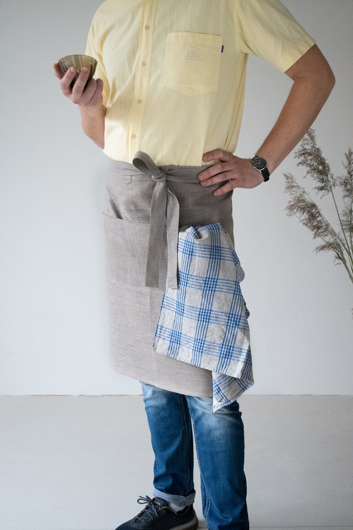 Natural linen half apron Unisex waist kitchen apron with one | Etsy