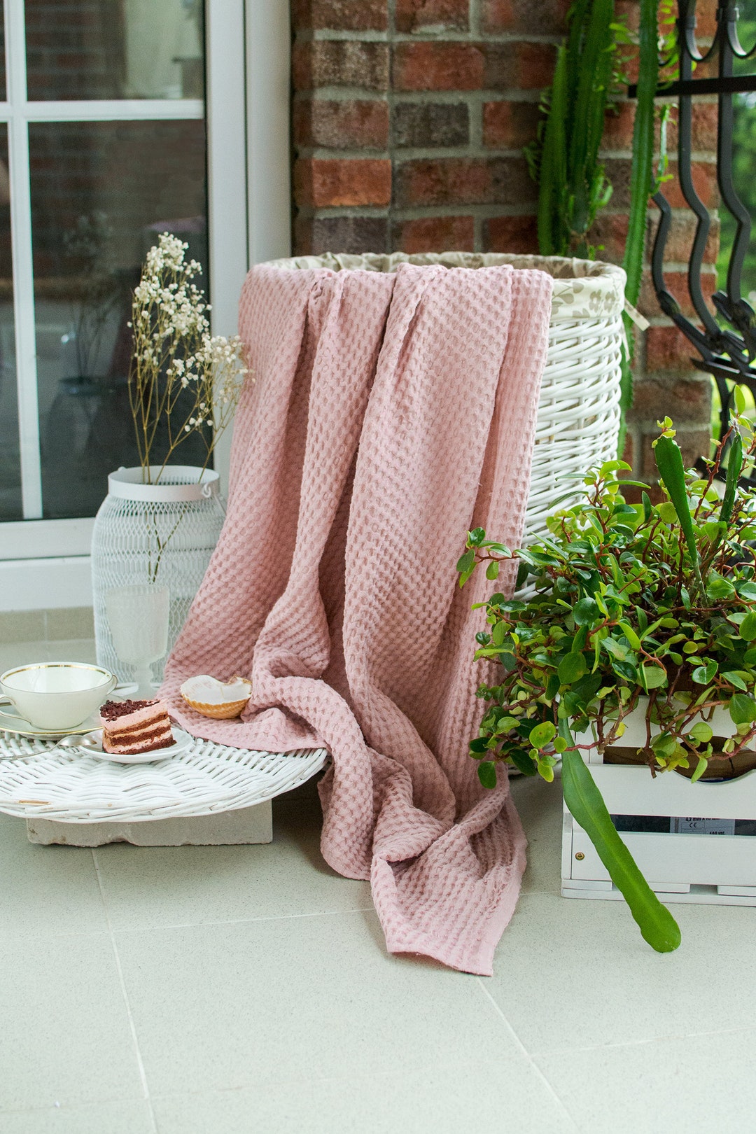 Blush Pink Linen Throw Blanket Washed Bedspread Bed Cover Boho Home ...