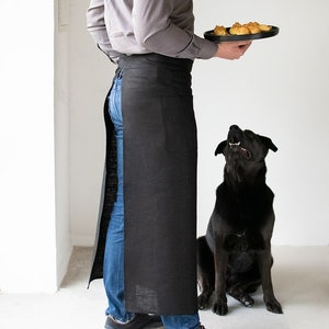 Black Natural Linen Half Long Apron Unisex Waist Kitchen Apron With ...