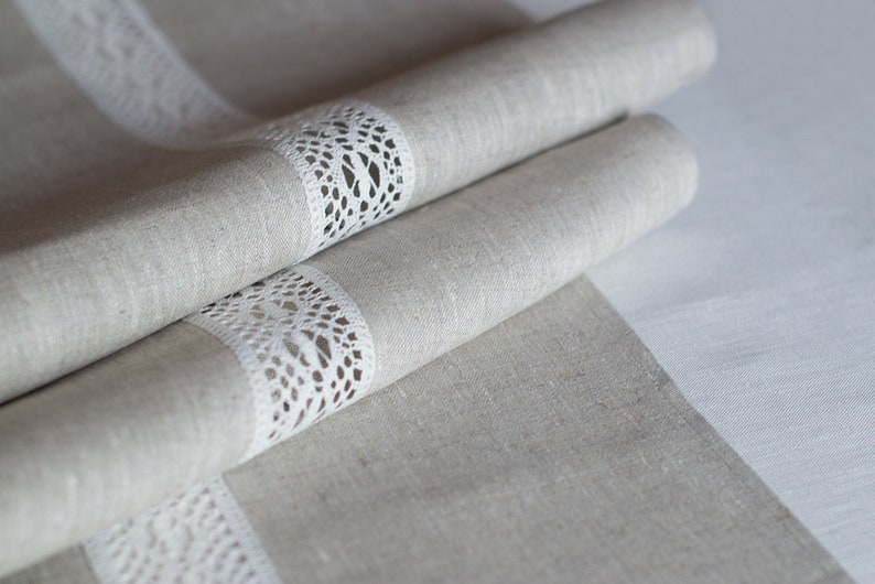 Natural linen runner with white lace Rustic table centepiece | Etsy