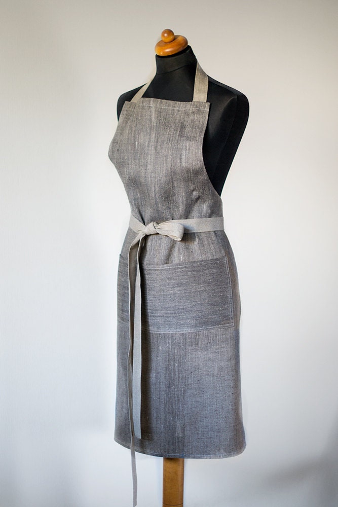 Linen Aprons Unisex Full Apron Natural Gray With Black Apron - Etsy