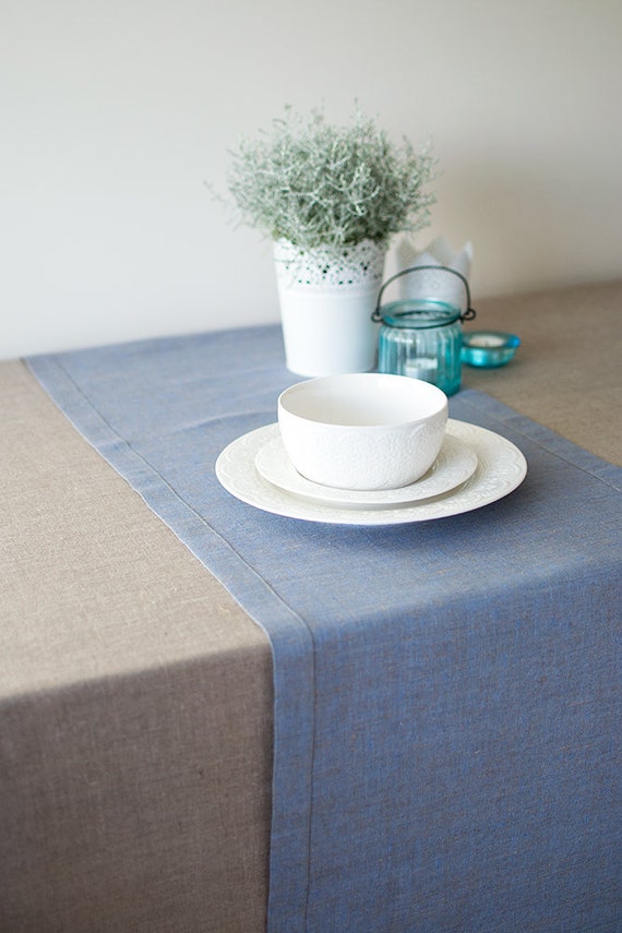 Blue Linen TABLE RUNNER Summer Dinner Long Runner Woodland | Etsy