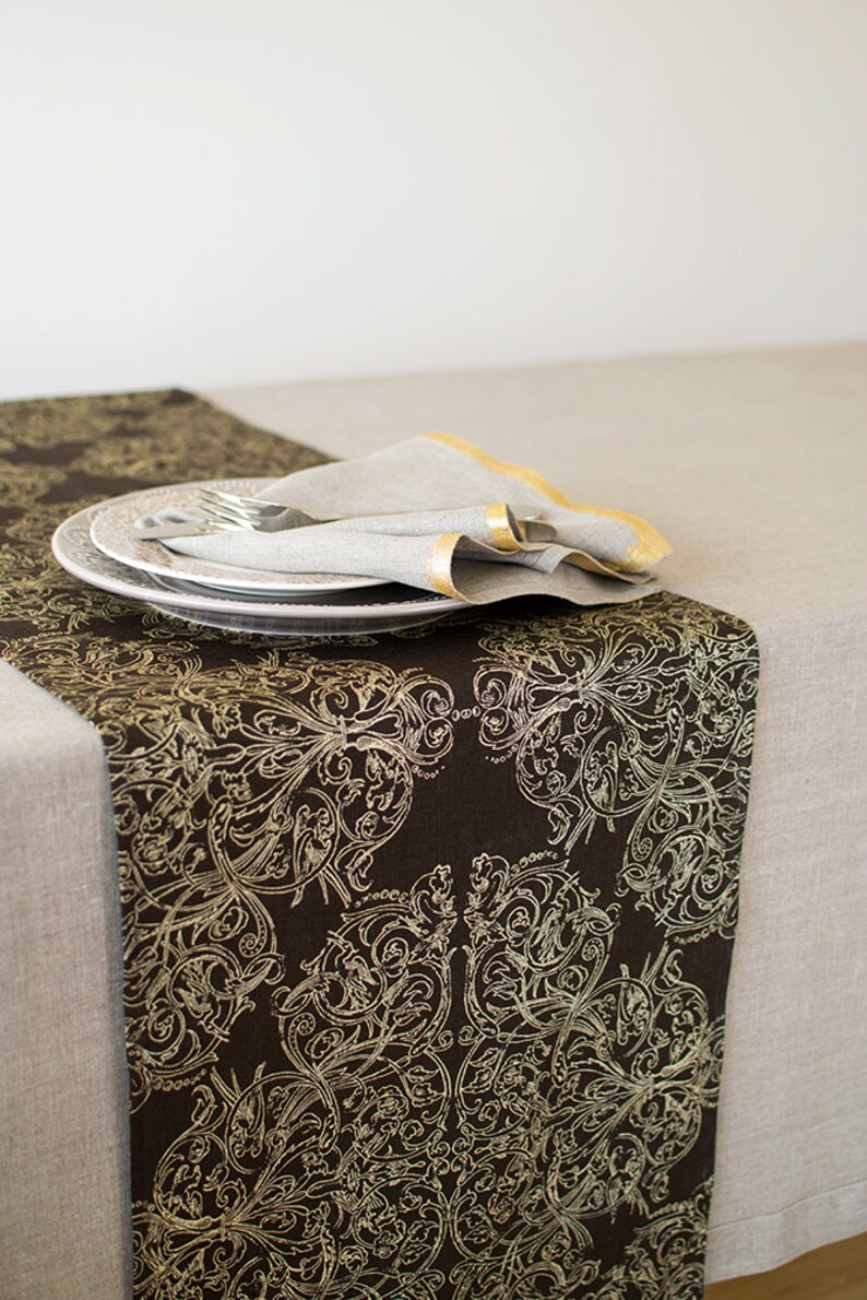 Brown Linen Table Runner Luxury Gold Dinner Runner Wedding | Etsy