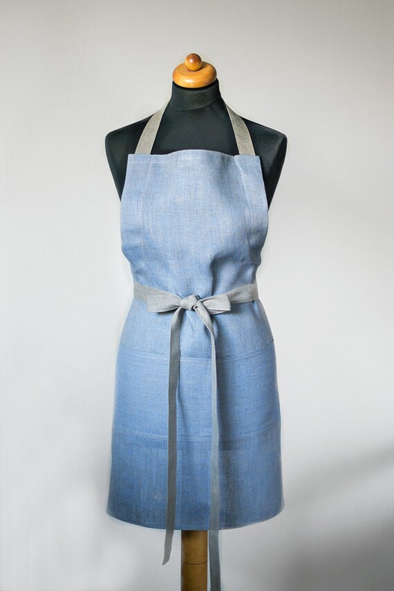 Linen Full Apron Natural Gray With Light Blue Apron Grey | Etsy