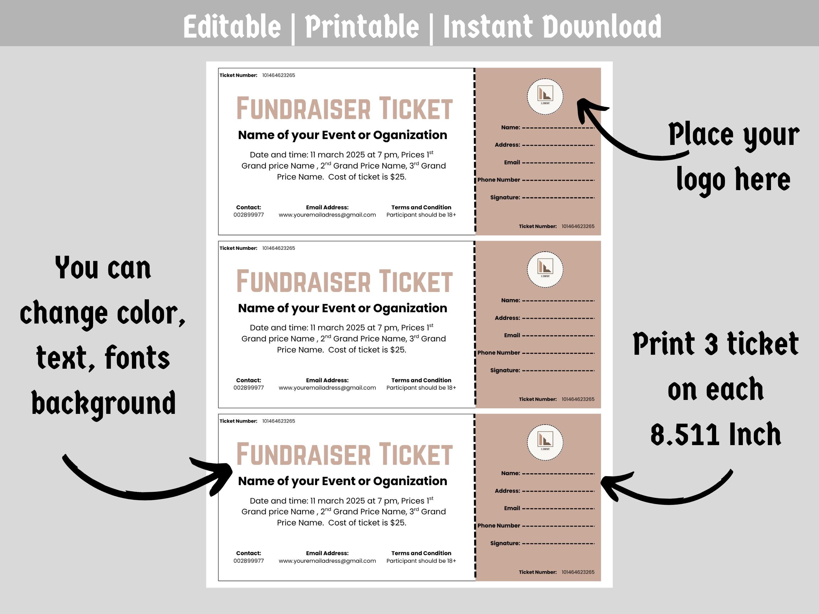 Editable Fundraiser Raffle Ticket Template: DIY Charity Event (canva ...