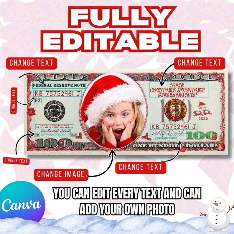 Dollar Bill Template - Christmas, Editable in Canva, Add Photo, Two ...