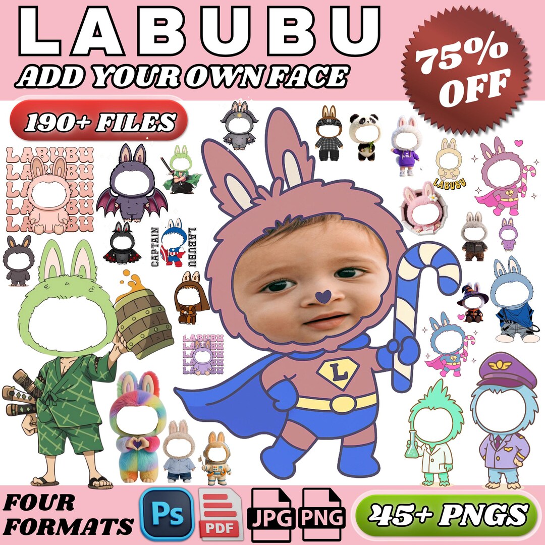 Labubu Face Cutout PNG Bundle – 45+ Cute Printable Costumes | Add Your ...