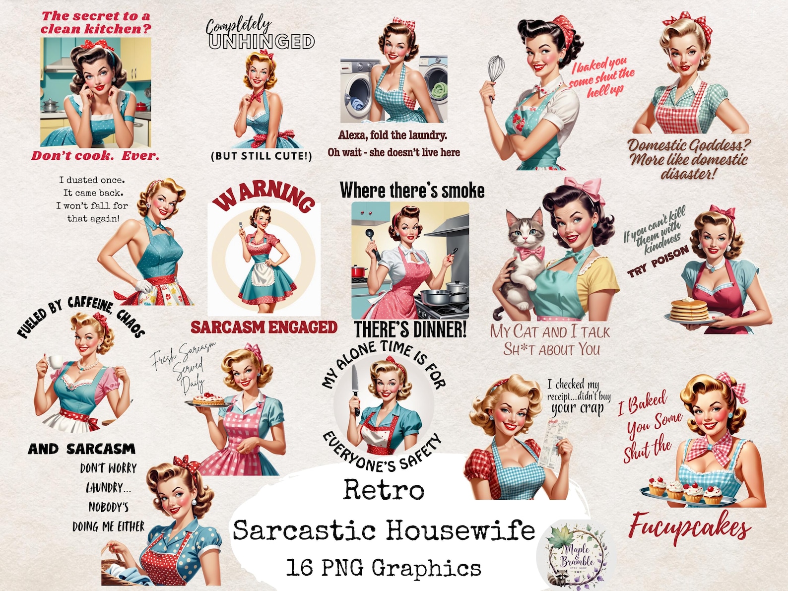 Snarky Retro Housewife Clipart Bundle: Sarcastic 1950s PNG Graphics - Etsy