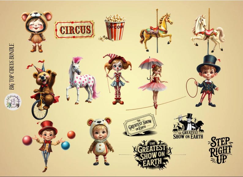 Vintage Circus Clipart Bundle: Carnival Animals, Tents, Clowns (digital ...