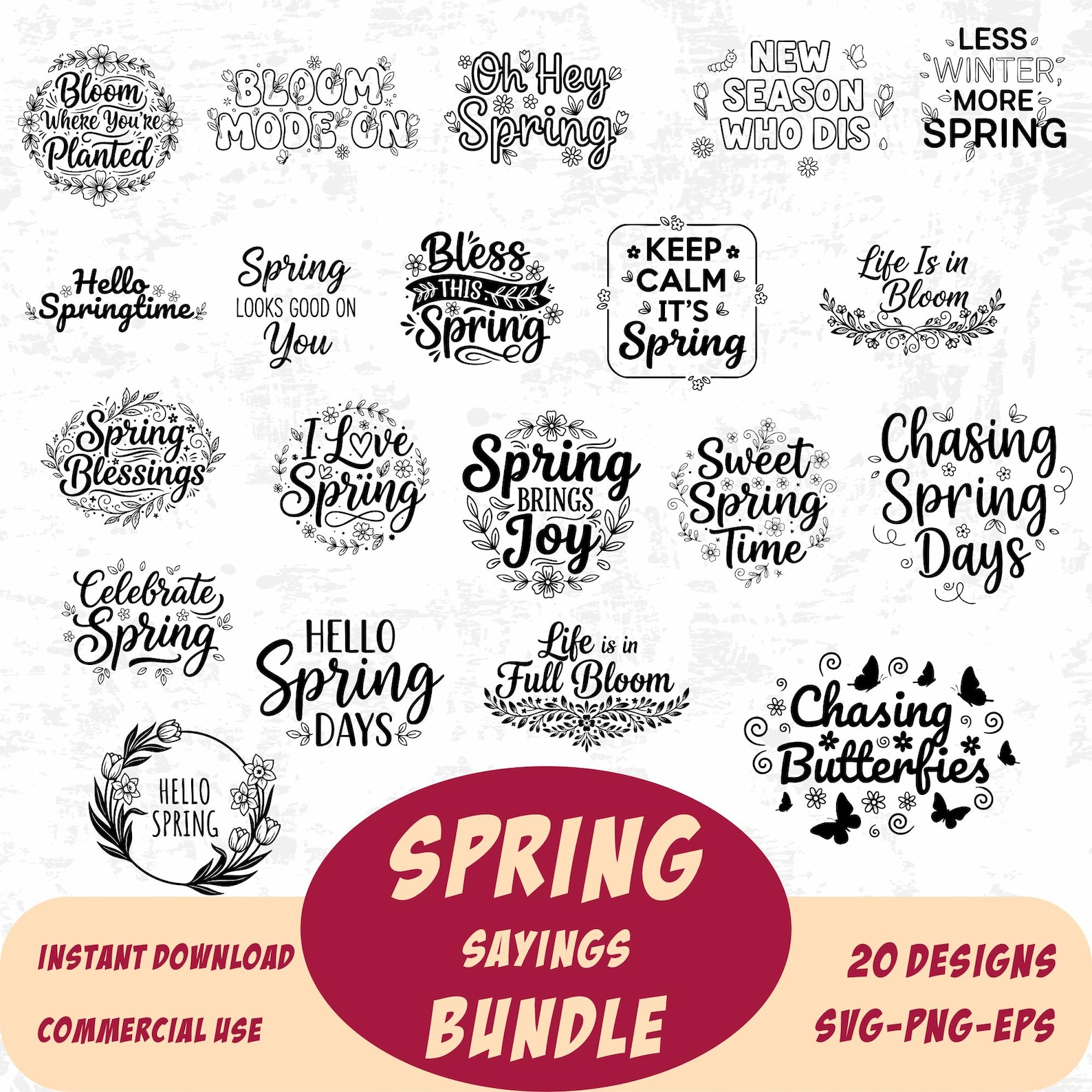 20 Spring Sayings SVG Bundle | Black & White Lettering | SVG PNG for ...