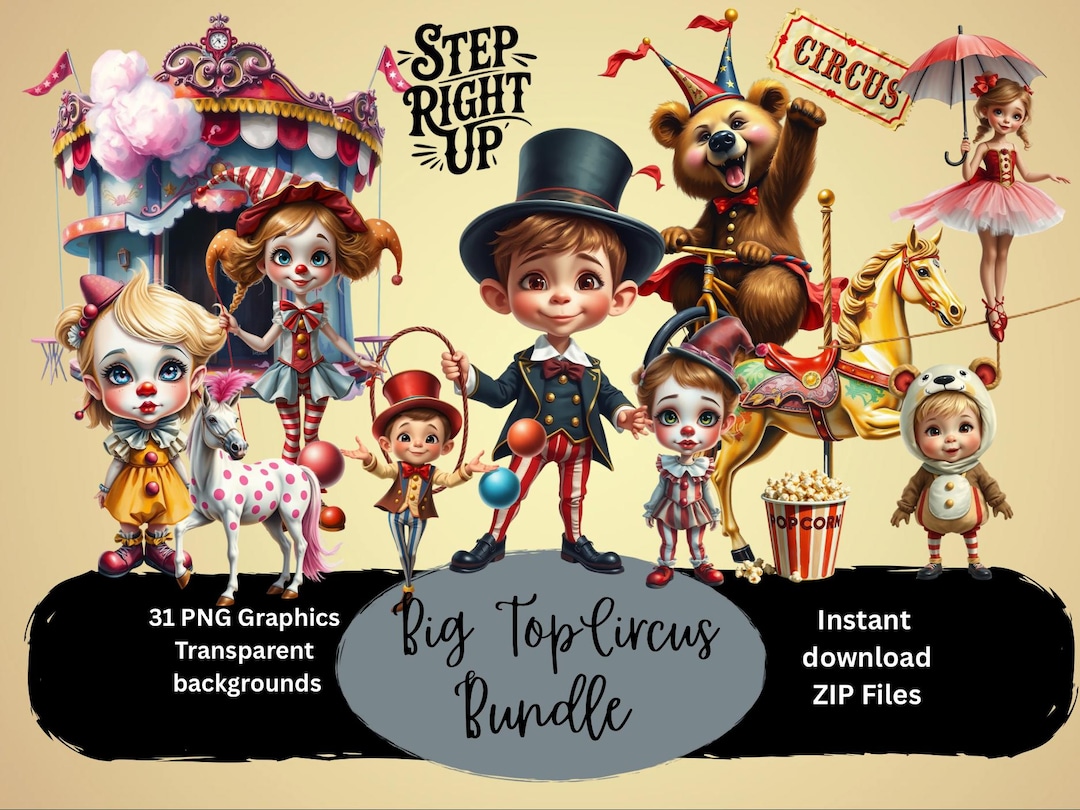 Vintage Circus Clipart Bundle: Carnival Animals, Tents, Clowns (digital ...