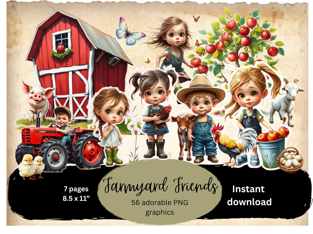 Whimsical Farm Kids Clipart Bundle – 56 PNG Graphics – Cute Farmer ...