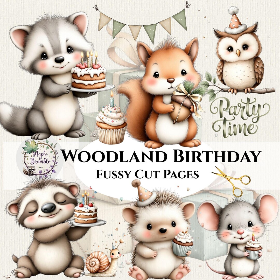 Woodland Birthday Clipart | Forest Animals Fussy Cut, Party Ephemera ...