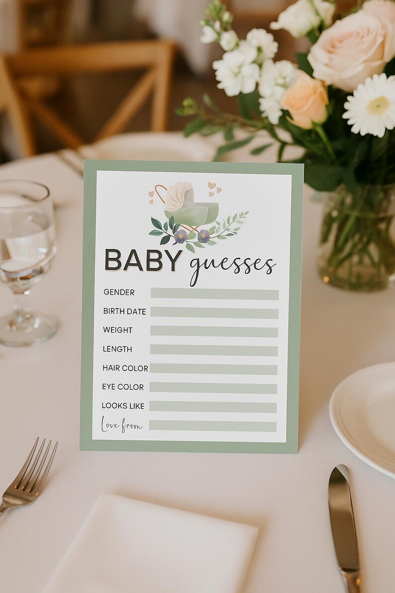 Printed Baby Shower Game | Baby Guesses Card With Watercolor Pram ...
