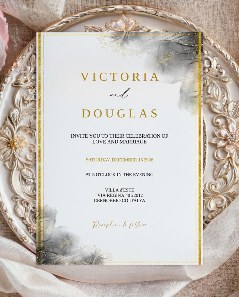 Luxury Gold Marble Wedding Invitation Template, Modern Editable Invite ...