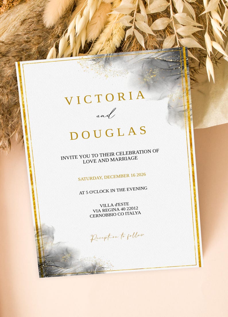 Luxury Gold Marble Wedding Invitation Template, Modern Editable Invite ...