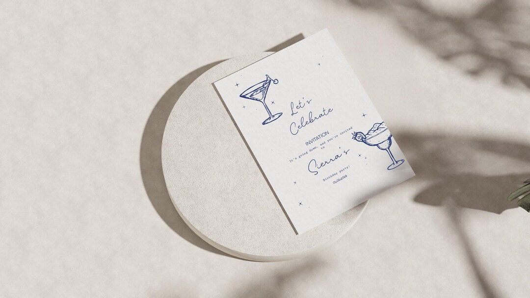 Blue Birthday Invitation Template: Line Art Drinks (digital Download ...