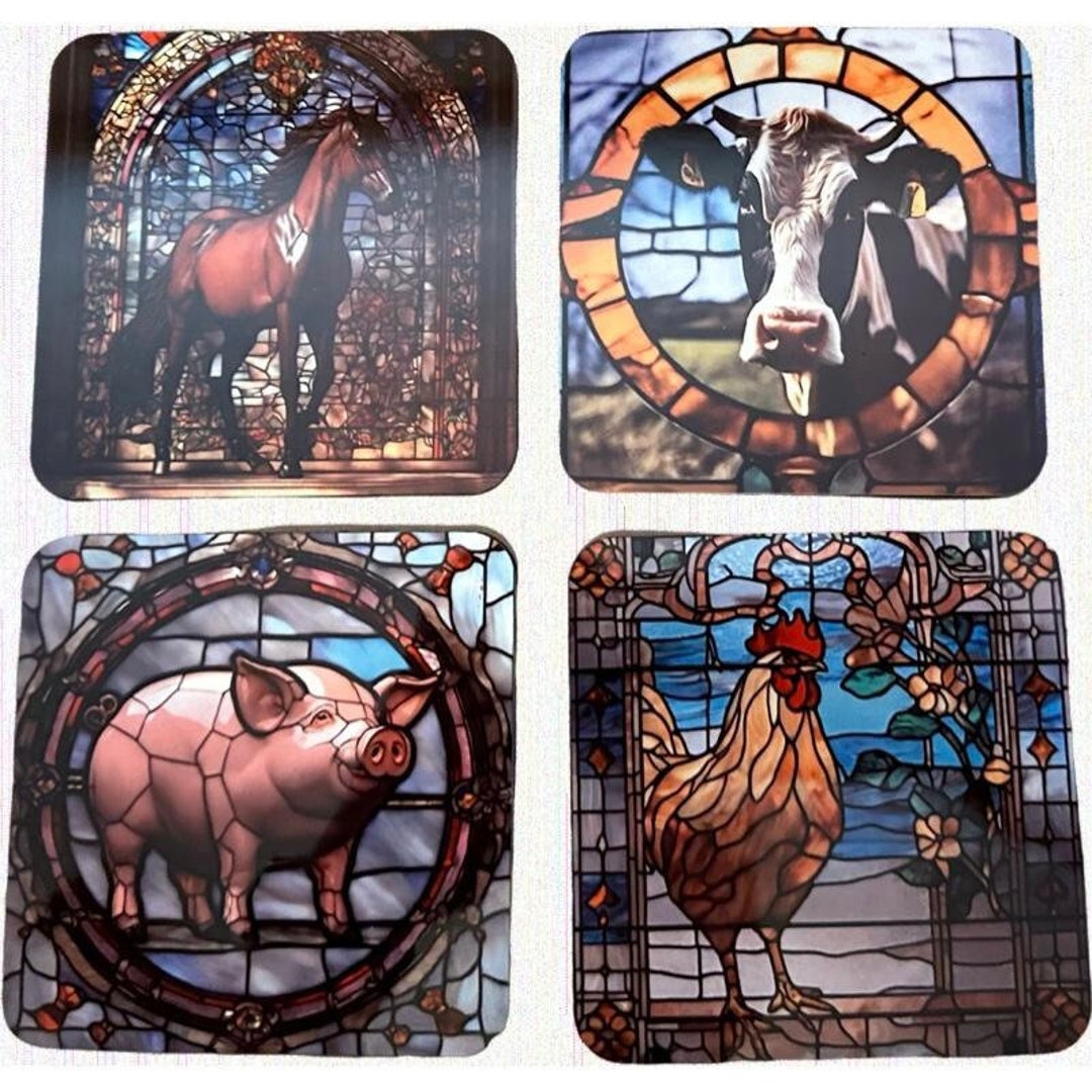 Farm Animals Hardboard Drink Coasters With Cork Back 3.75" Horse Pig ...
