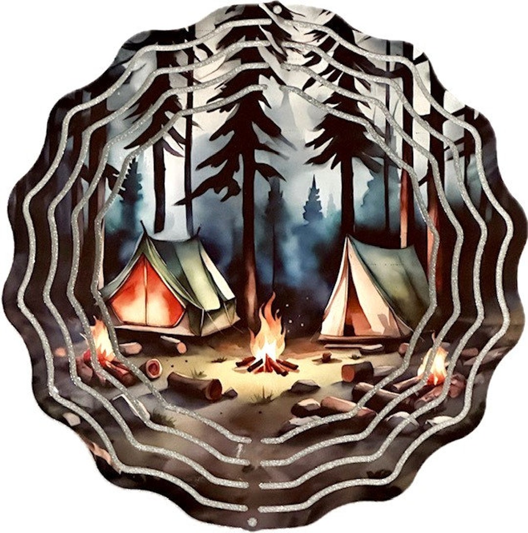 8" Aluminum Wind Spinner Camping in the Woods With Tents and Campfire ...