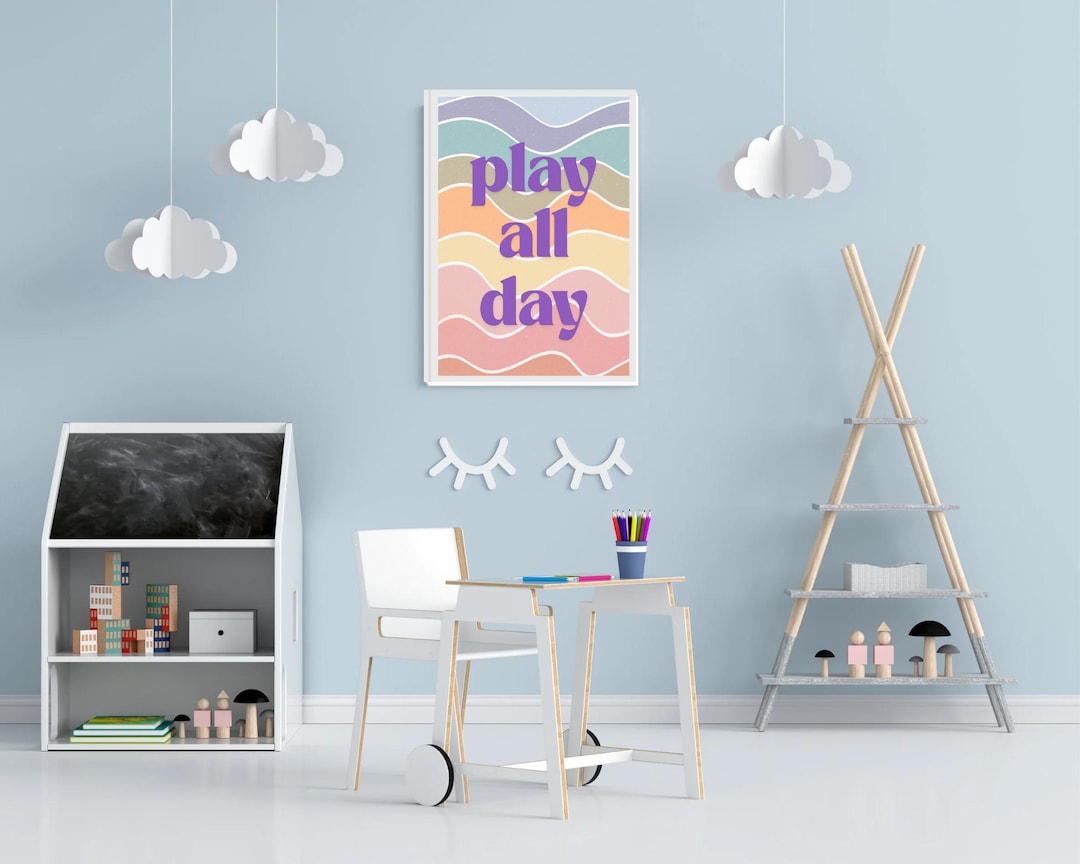 Play All Day Printable Poster – Colorful Kids Room Wall Art, Retro ...