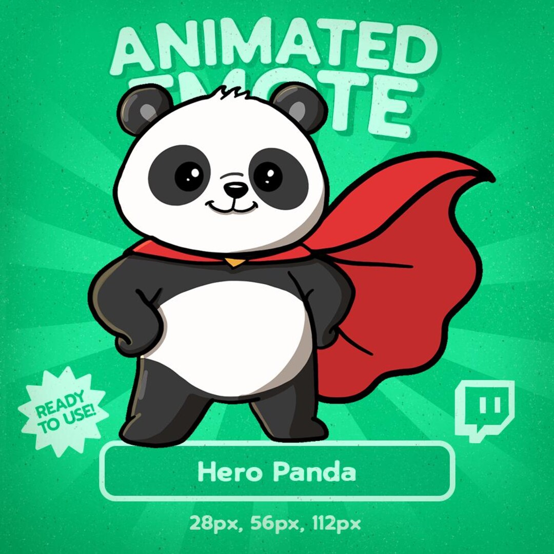 Kawaii Hero Panda Animated Twitch Emote, Cute Superhero Bear Emote for ...