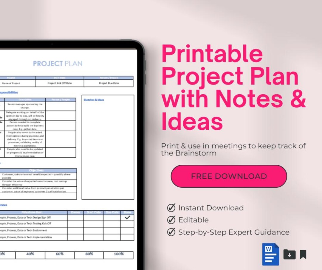 One Page Project Plan Template: Project Overview for Word (digital ...