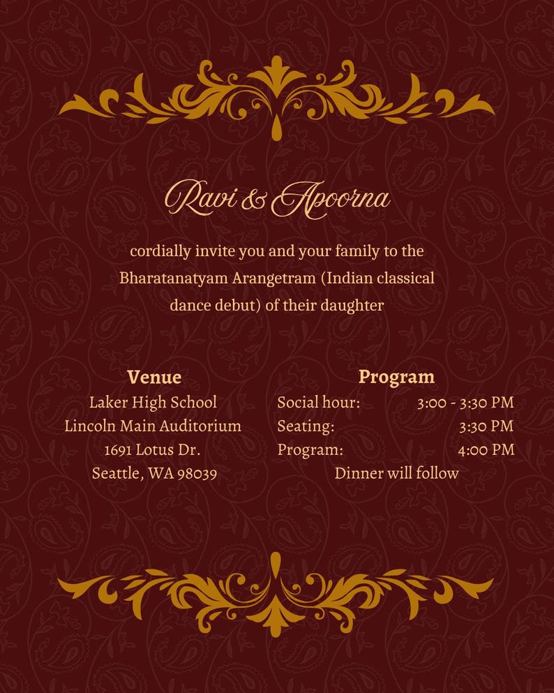 Arangetram Invitation Template, Printable Bharatanatyam Digital Invite ...