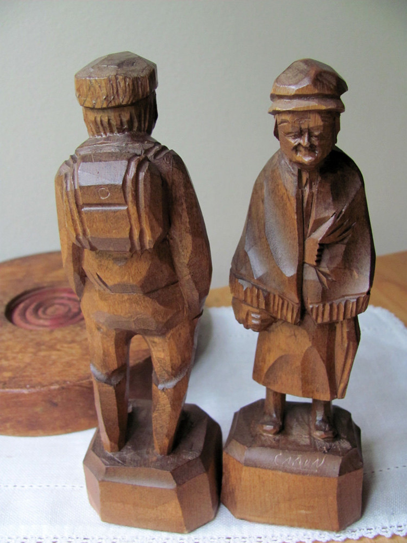 Caron Figures Statues Hand Carved Folk Art Wood Man and Woman | Etsy
