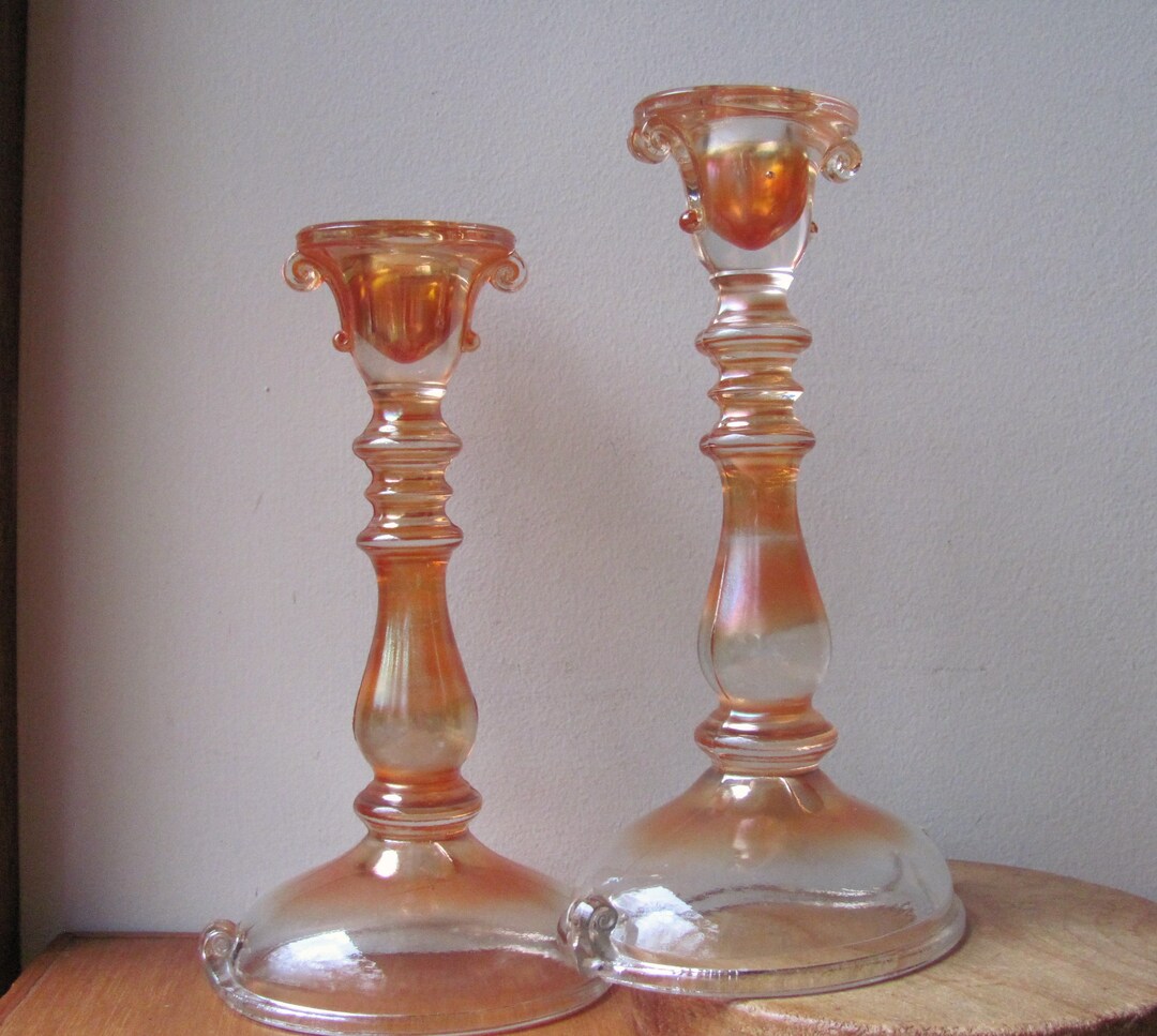 Pair Carnival Glass Candlesticks Scroll Stick Holders Marigold Imperial ...