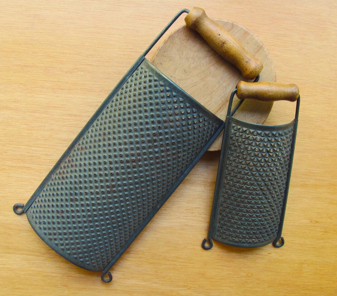2 Metal Graters Wooden Handle Punched Tin Half Round Natural Wood Large ...
