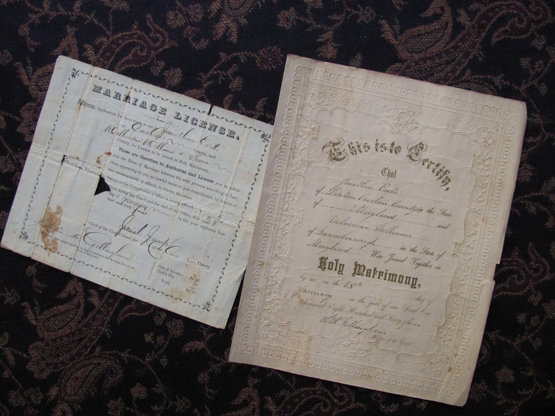 Vintage Marriage License & Certificate 1864 Wedding | Etsy