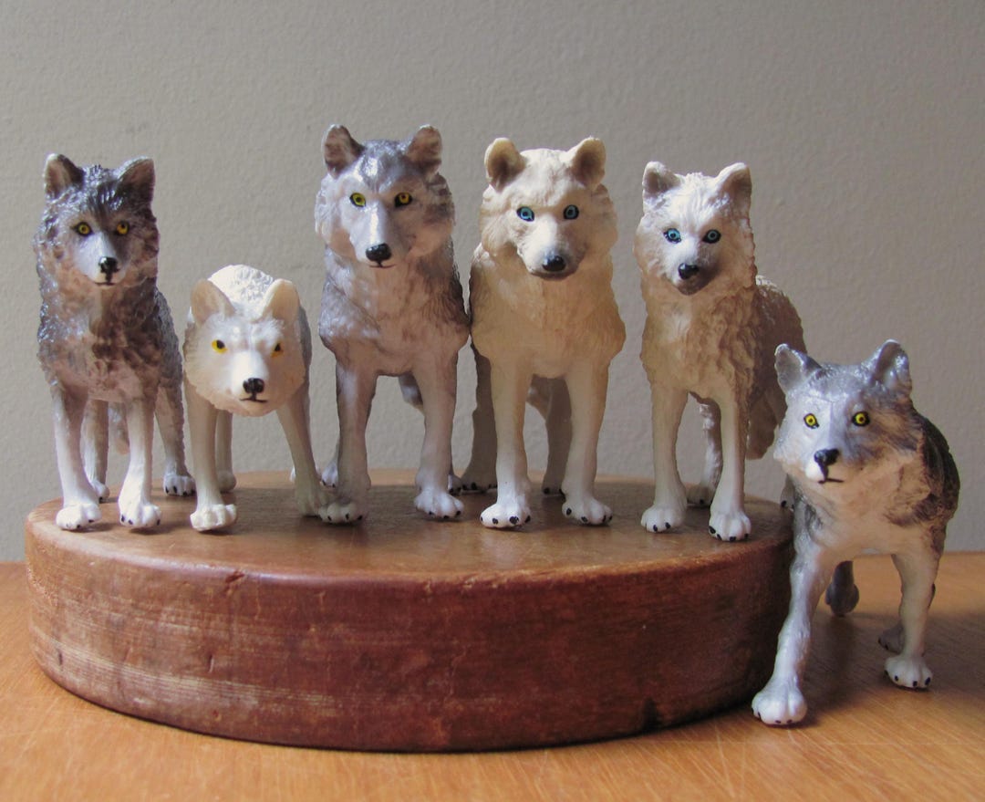 6 Wolves Dog Wolf Pack Gray White Animal Figure Toy Heavy Plastic ...
