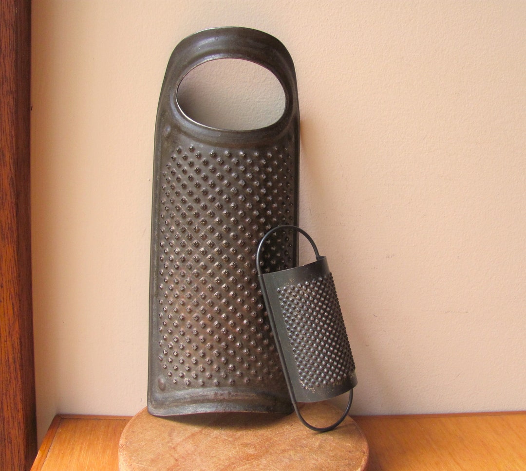 2 Metal Graters Punched Tin Half Round Unique Hole Handle Kitchen ...