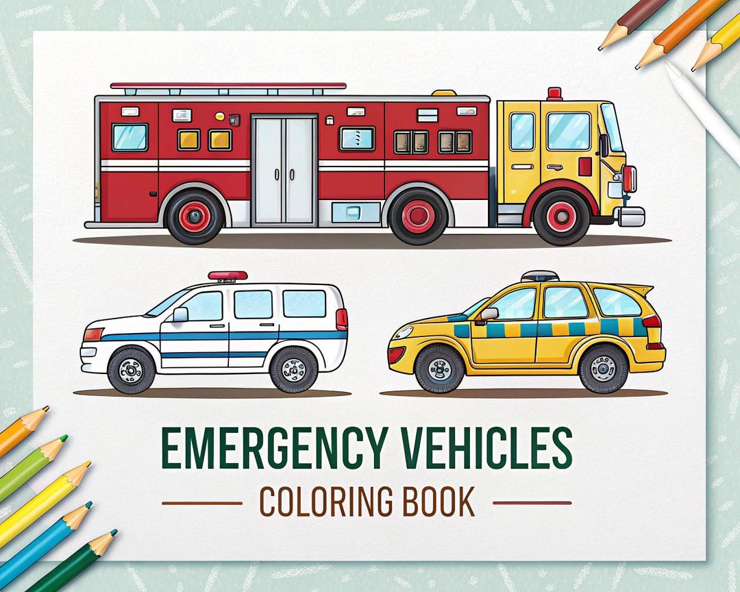 Emergency Vehicles Coloring Book for Kids – 20 Printable A4 Pages ...