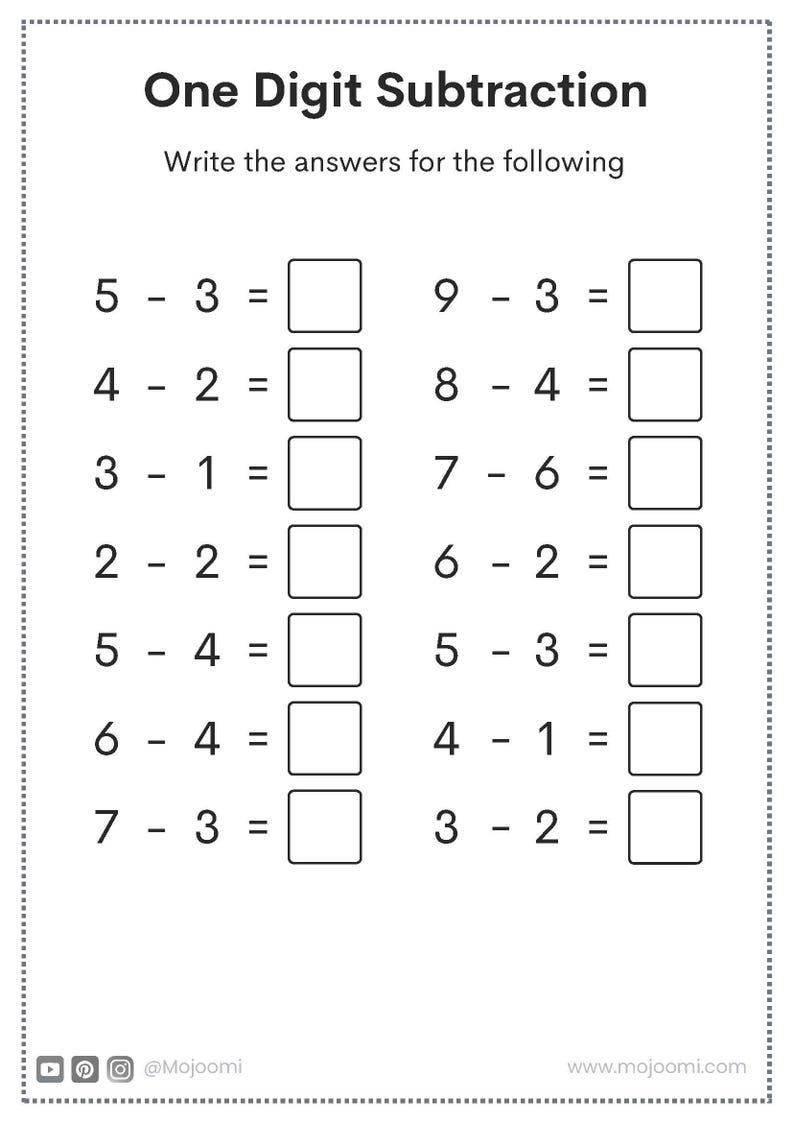 Subtraction Worksheet for Kids – Early Math Practice Printable PDF – 20 ...