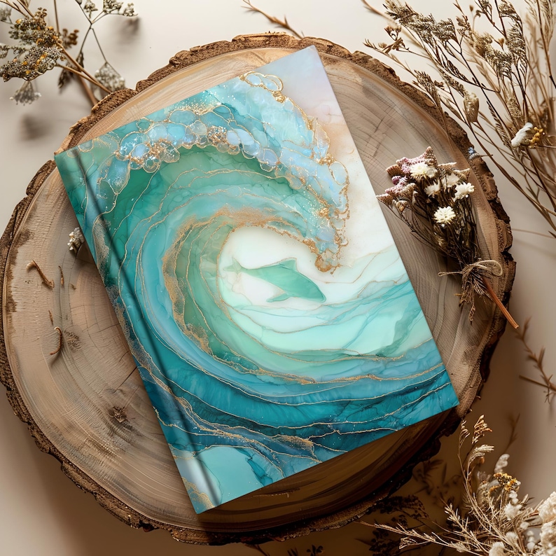 Ocean Dolphin Aqua Gold Hardcover Journal – Coastal Sea Theme Art ...