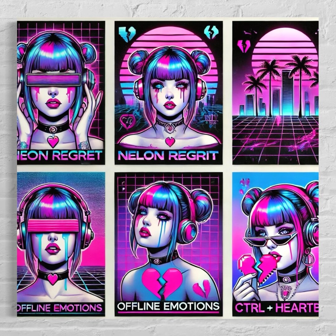 Cyber Sad Girl 80s Retro Disco Glitchcore Neon Broken Heart Flash ...