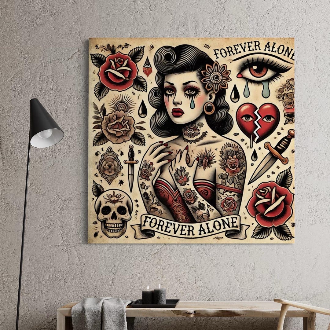 Sad Girl Old School Tattoo Flash Poster Print Forever Alone - Etsy
