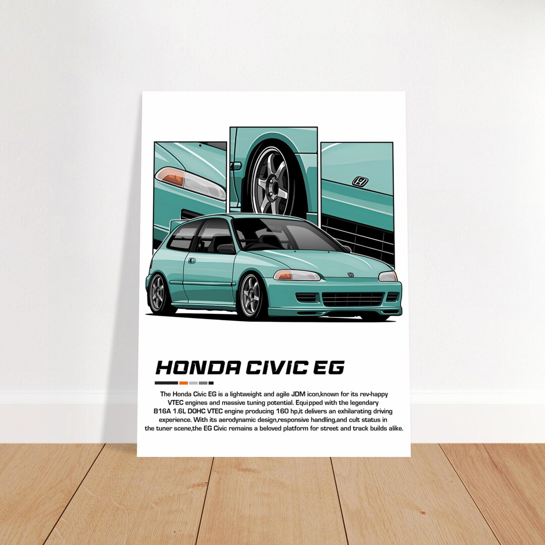 Honda Civic EG Car Poster, Man Cave Decor, Automotive Print, Teal JDM ...