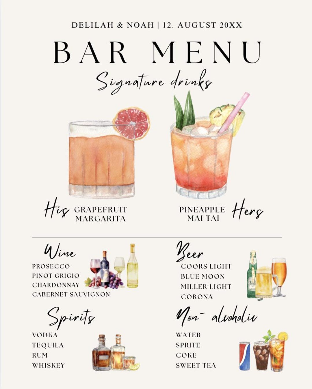 Signature Cocktail Drink Menu, His and Hers Bar Menu, Wedding Signature ...