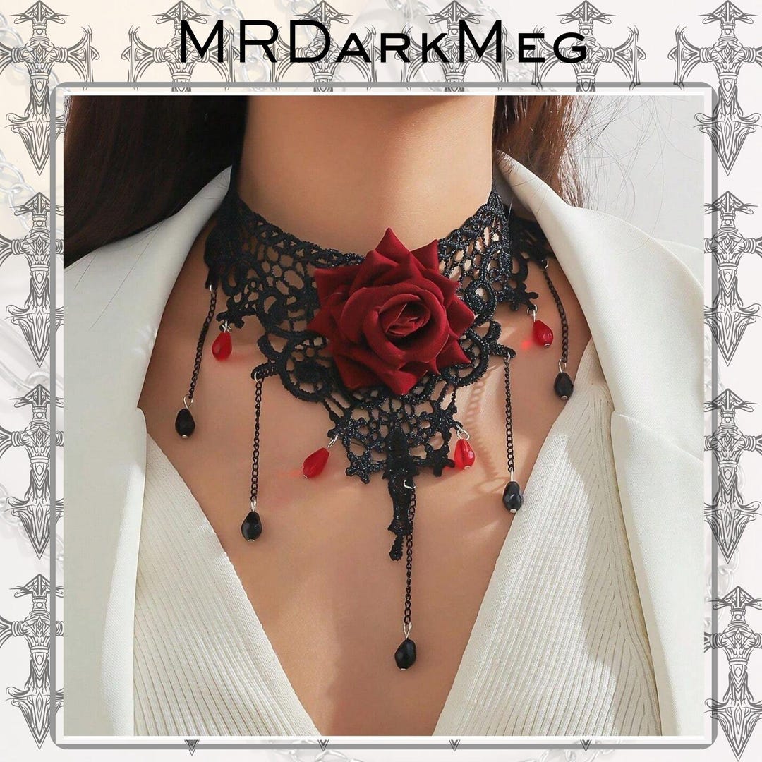 Gothic Red Rose Choker: Black Lace Victorian Necklace With Teardrop ...